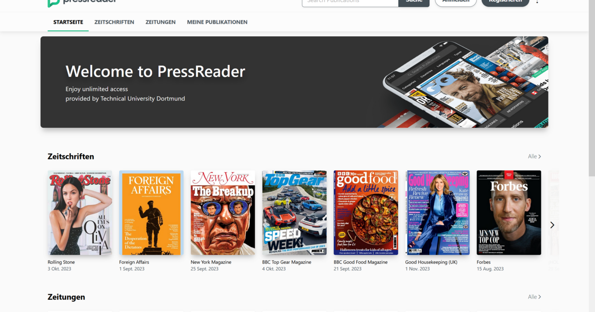 Digital press kiosk "PressReader" for current newspaper reading - UB - TU Dortmund